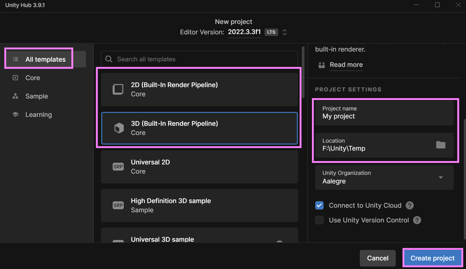 Unity – Creating a project – Aalegre